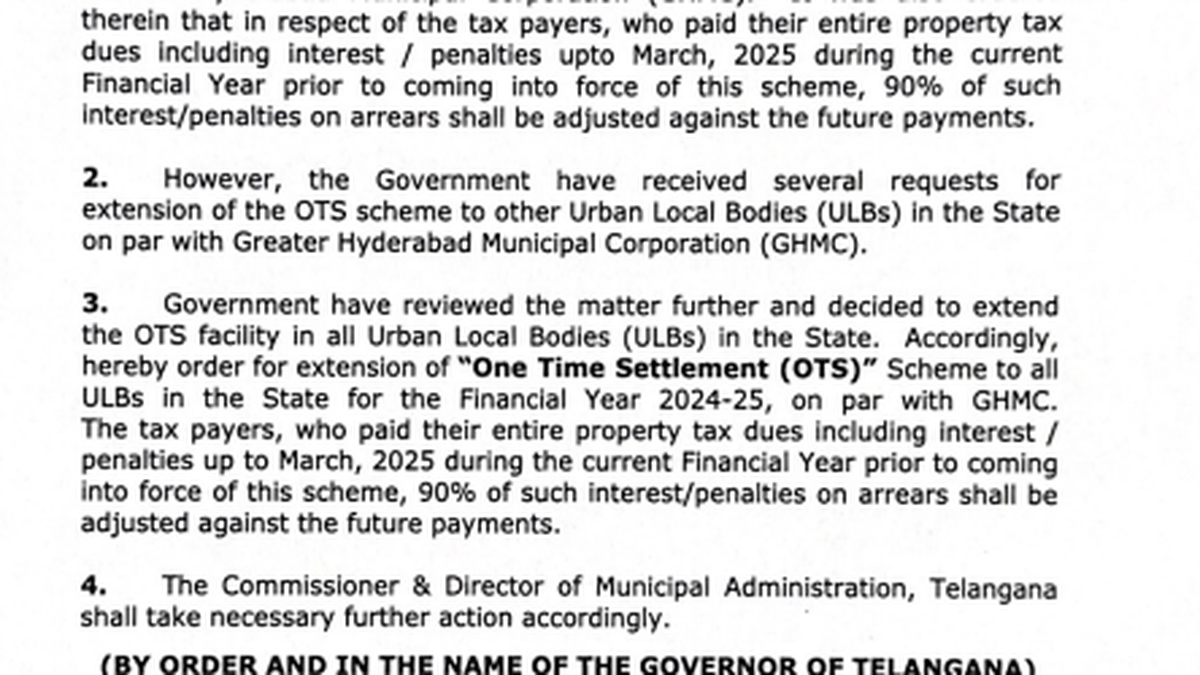 OTS offering waiver of 90% accumulated arrear interest on property tax extended to all Telangana ...